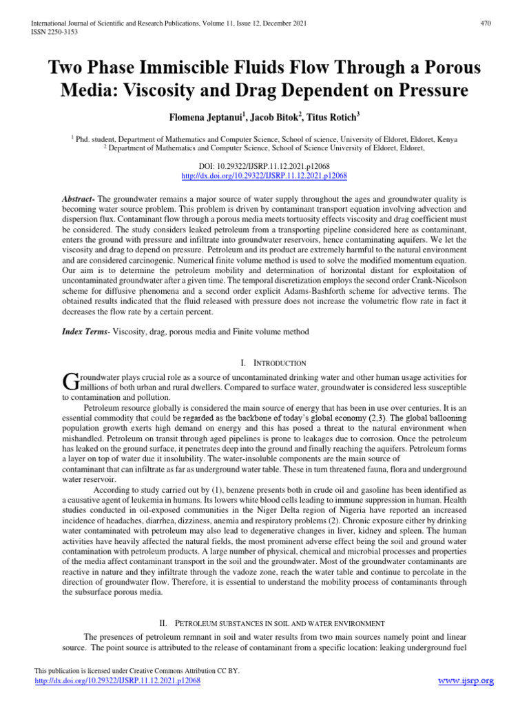 Two Phase Immiscible Fluids Flow Through A Porous | PDF | Fluid Dynamics | Viscosity