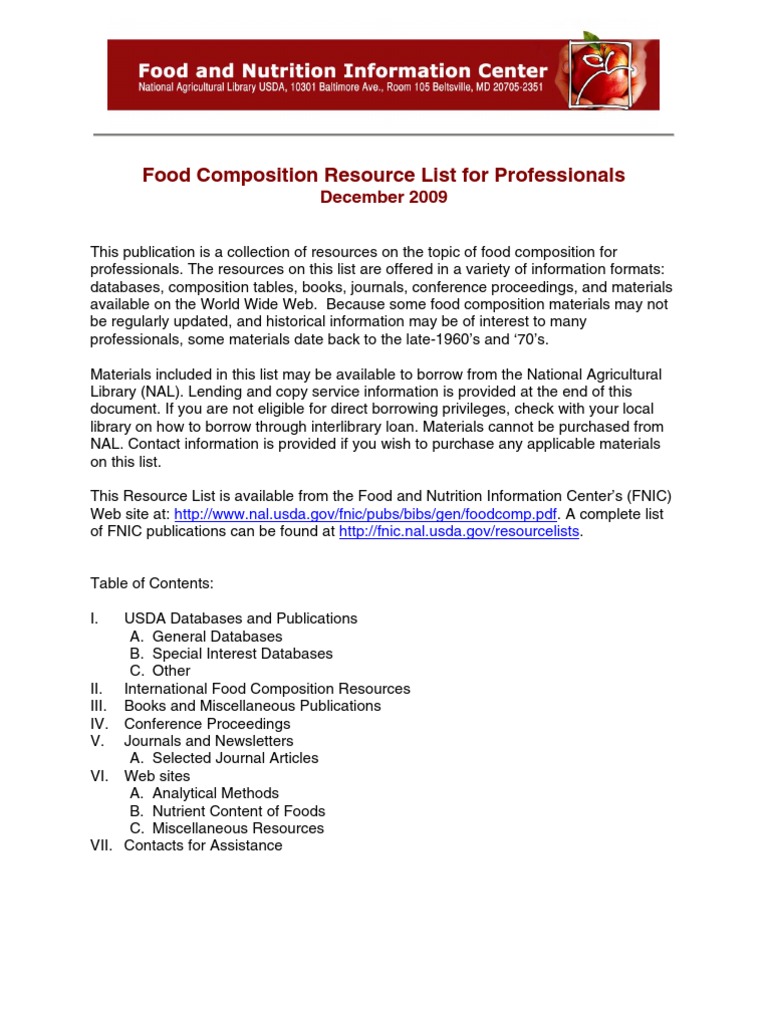 A Guide to Food Composition Resources for Professionals: USDA and ...