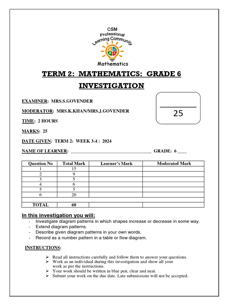 CSM Grade 6 Investigation Term 22024 | Download Free PDF | Pattern ...