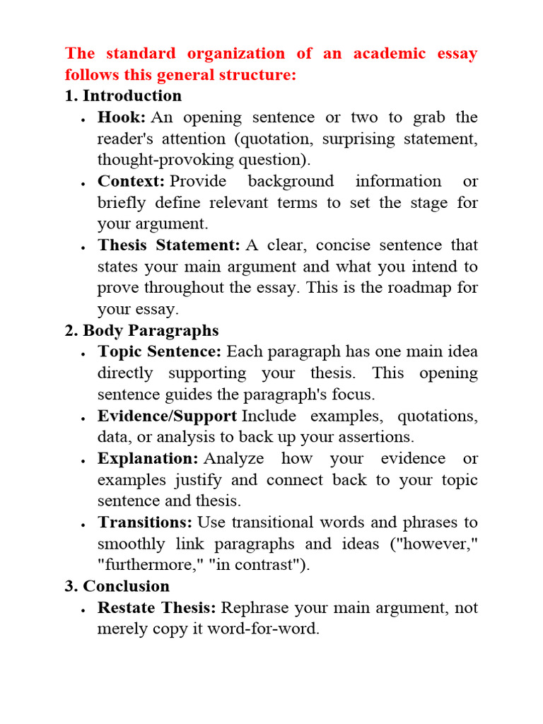 The Standard Organization of An Academic Essay Follows This General ...