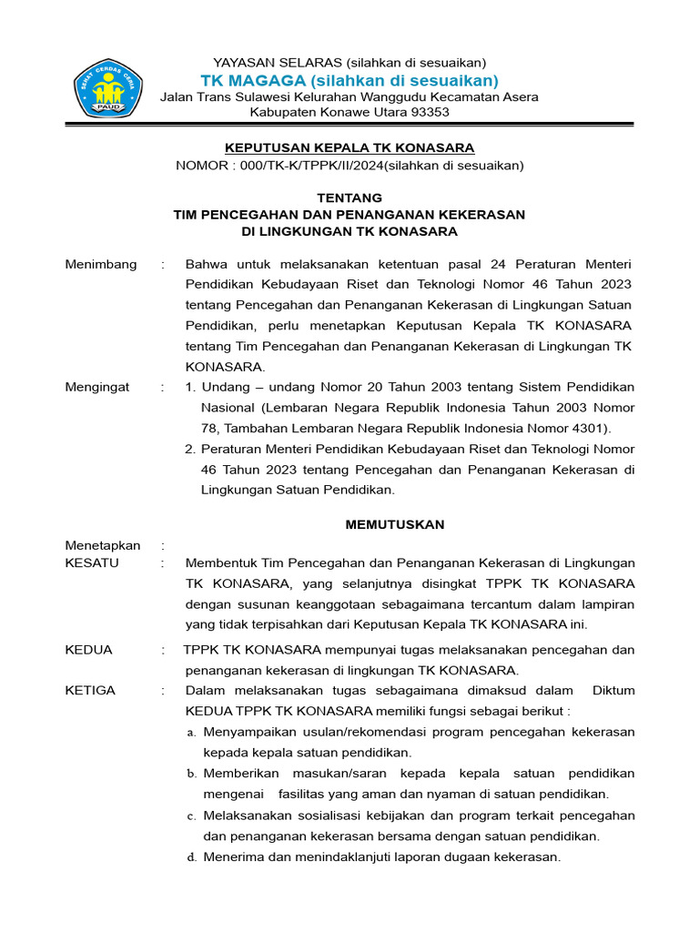 Contoh SK TPPK Paud Inaku Magaga Final | PDF