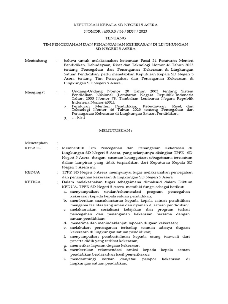 Contoh SK Kepala Sekolah TTG Pembentukan TPPK - Template | PDF