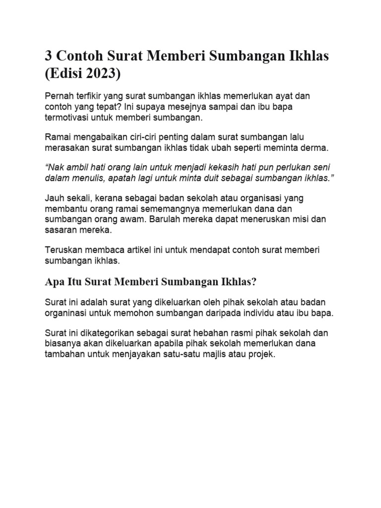 3 Contoh Surat Memberi Sumbangan Ikhlas | PDF