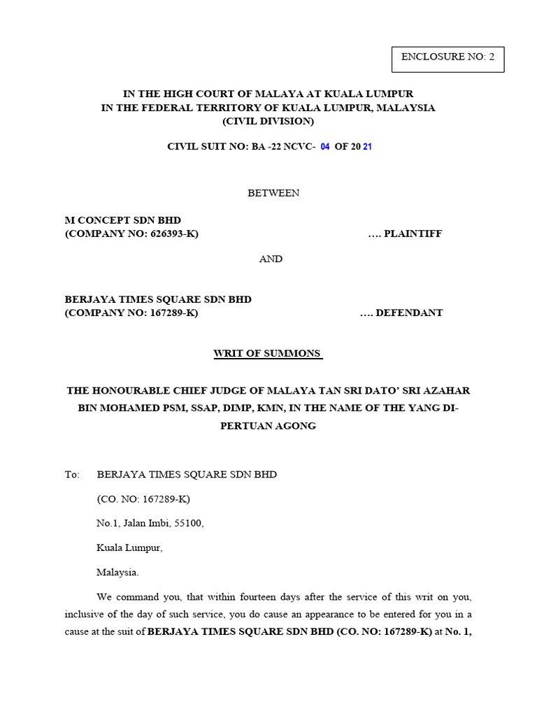 ENCLOSURE 2 - Writ of Summon | PDF | Writ | Judgment (Law)
