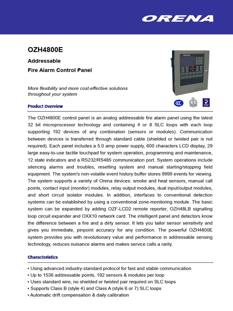 Datasheet of Addressable 4-8 Loop Fire Alarm Control Panel OZH4800E ...