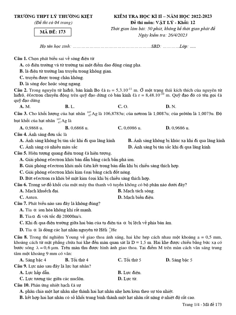 De vat li 12 - CHK2 - Trường THPT Lý Thường Kiệt - So TPHCM | PDF