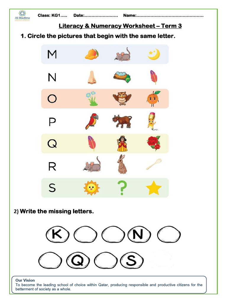 KG1 Literacy & Numeracy Worksheet | PDF