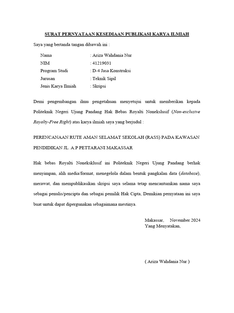 Surat Pernyataan Kesediaan Publikasi Karya Ilmiah | PDF