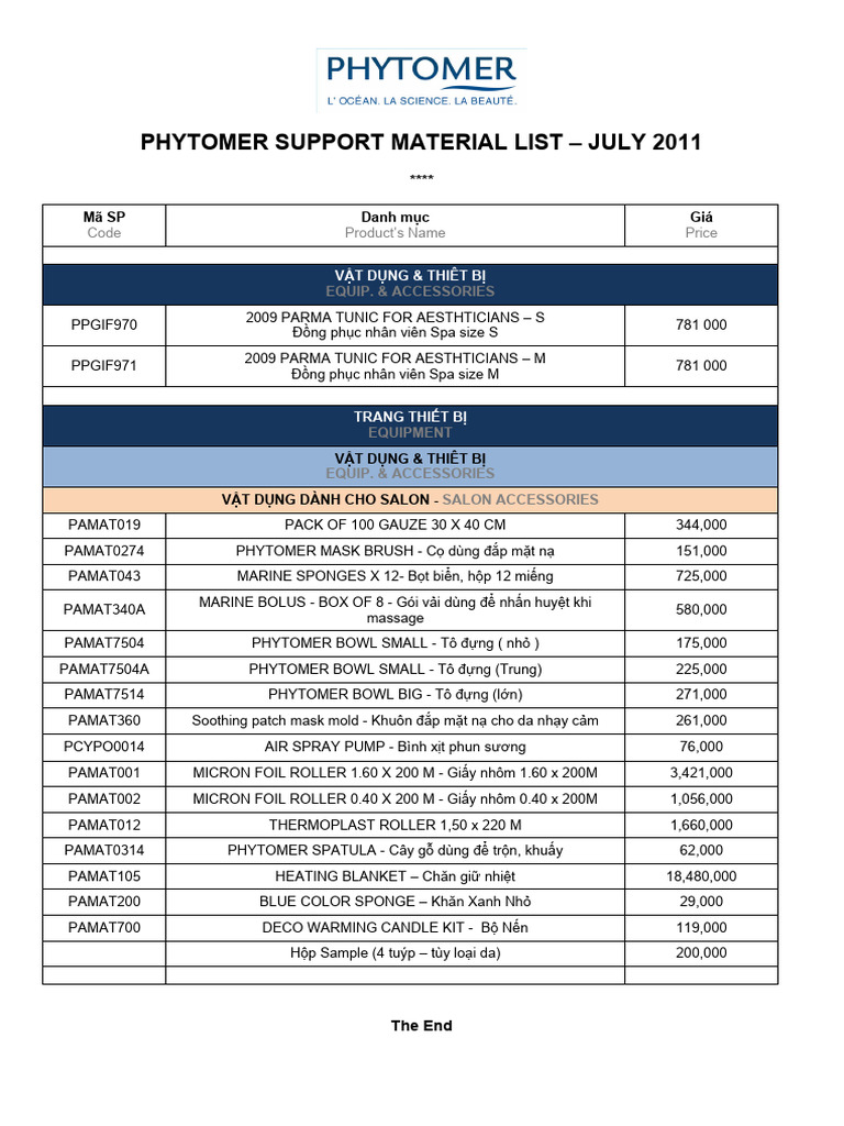 Support Marterial List Phytomer July 2011-2 | PDF