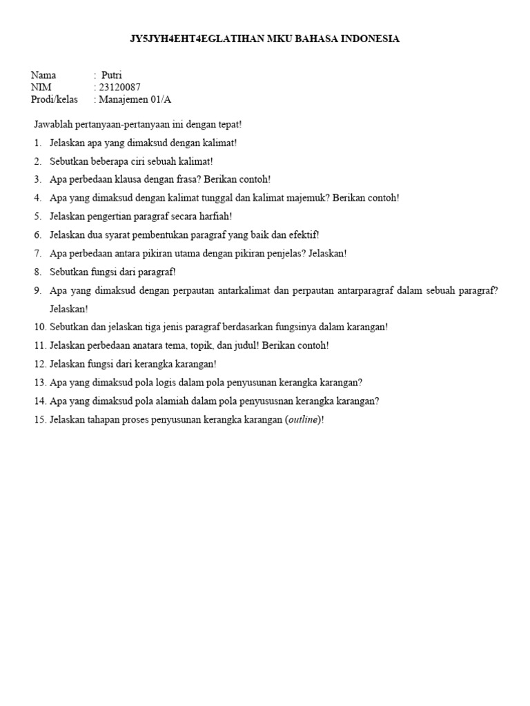 LATIHAN MKU BI (II) - Putri | PDF | Sains & Matematika
