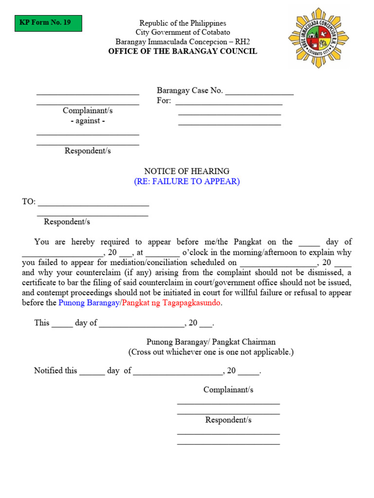 KP FORM 19 - Notice of Hearing (Respondent) | PDF
