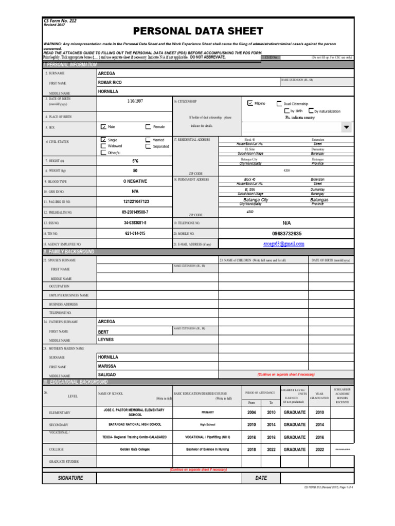 CS Form No. 212 Personal Data Sheet Revised | PDF | Nursing