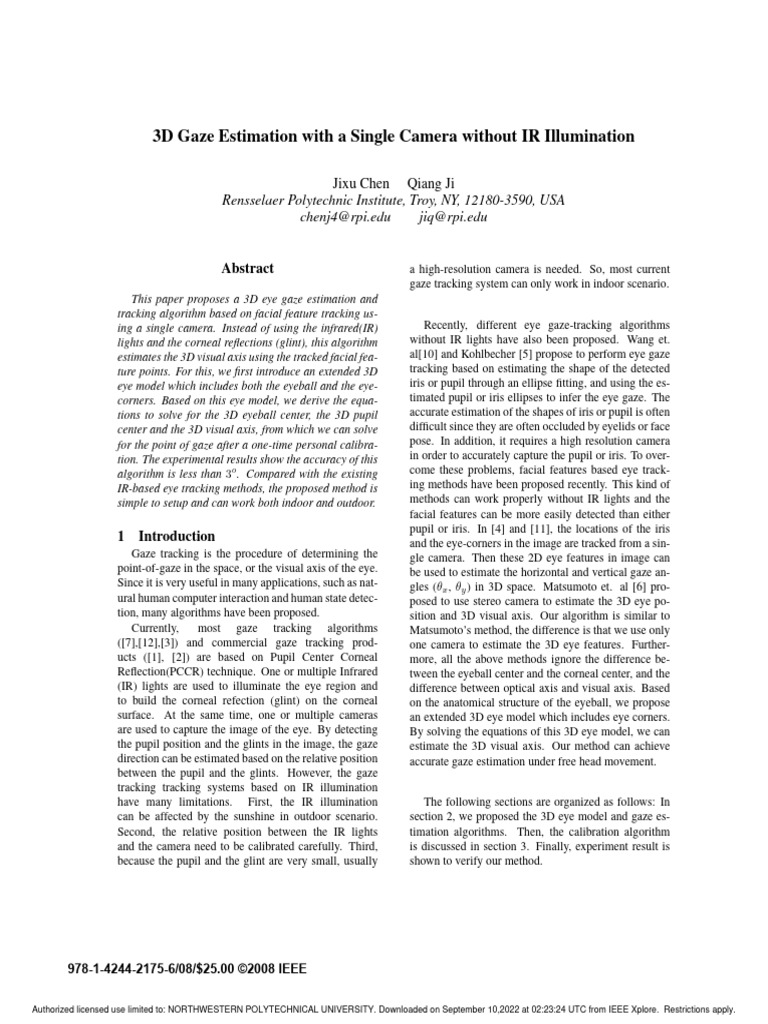3D Gaze Estimation With A Single Camera Without IR Illumination ...