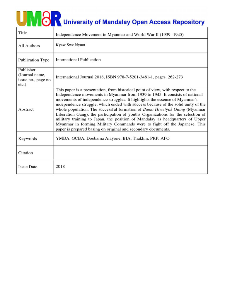 Independence Movement in Myanmar and World War II (1939 - 1945) | PDF ...