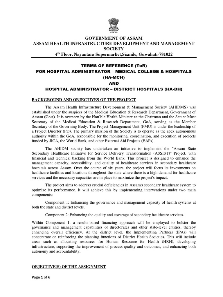 Assam Hospital Administrator ToR Document | PDF | Health Administration ...