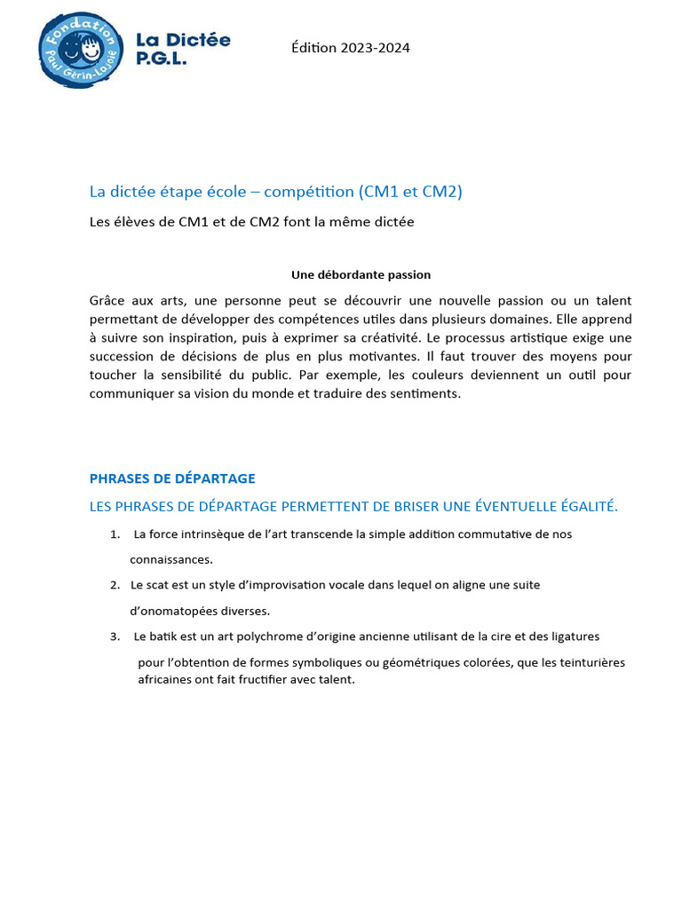 Dictée CM1-CM2 2023-2024 : Arts et Passion | PDF | Sciences sociales ...