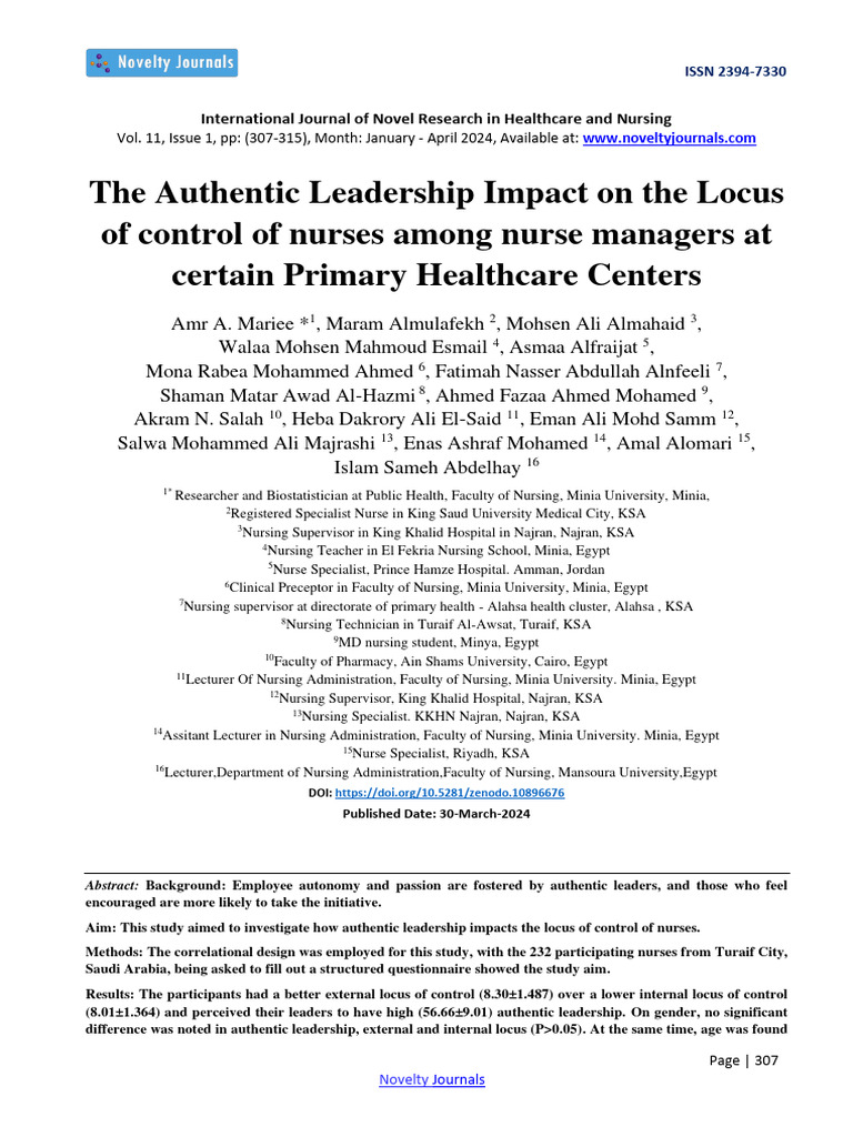 The Authentic Leadership Impact On The Locus of Control of Nurses Among Nurse Managers at ...