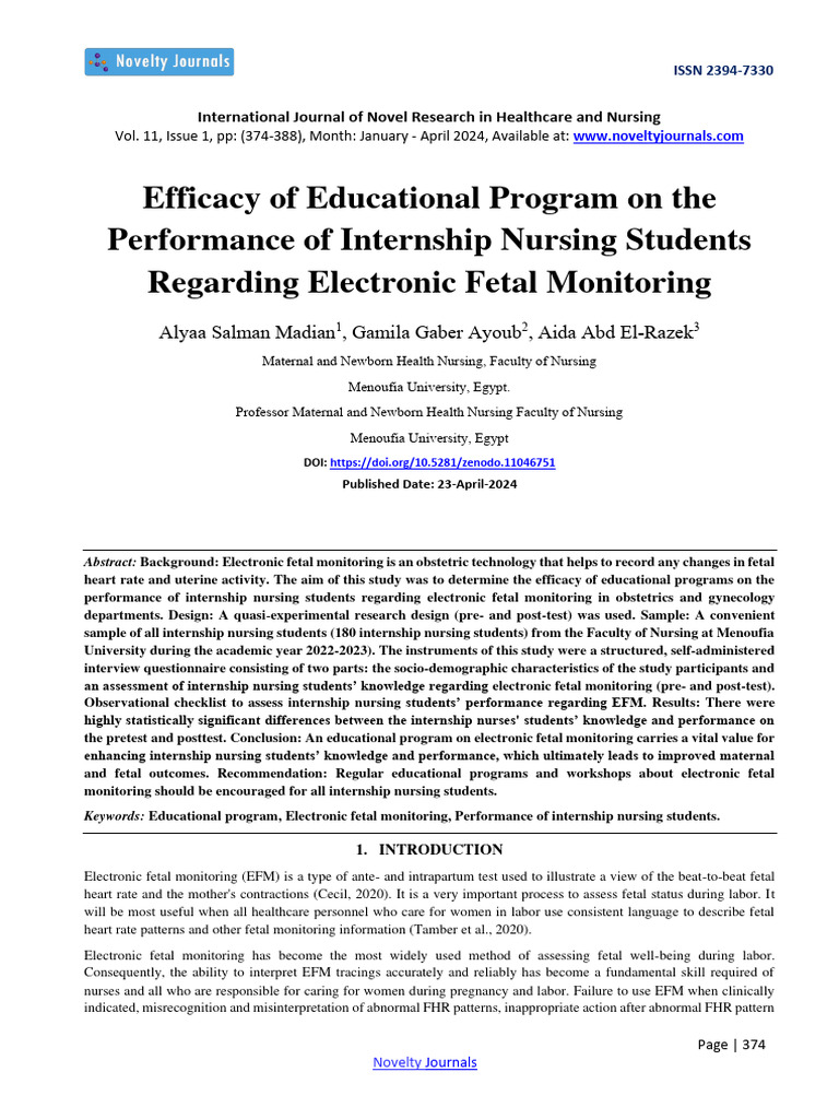 Efficacy of Educational Program On The Performance of Internship Nursing Students Regarding ...