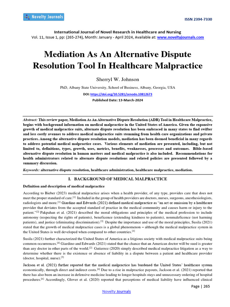 Mediation As An Alternative Dispute Resolution Tool In Healthcare Malpractice | PDF | Mediation ...