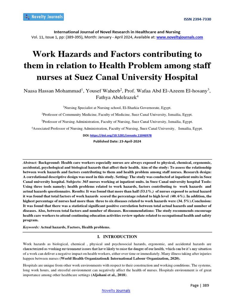 Work Hazards and Factors Contributing To Them in Relation To Health ...