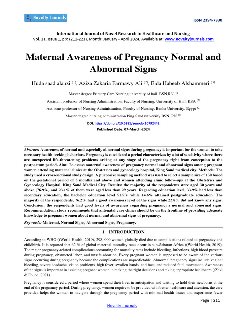 Maternal Awareness of Pregnancy Normal and Abnormal Signs | Download ...