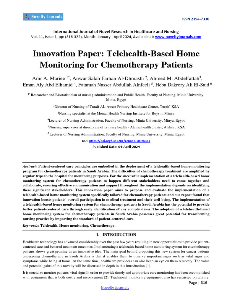 Innovation Paper: Telehealth-Based Home Monitoring For Chemotherapy ...