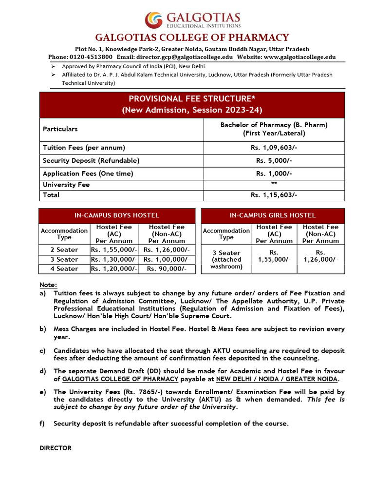 Galgotias College Pharmacy Fee Structure 2023 | PDF