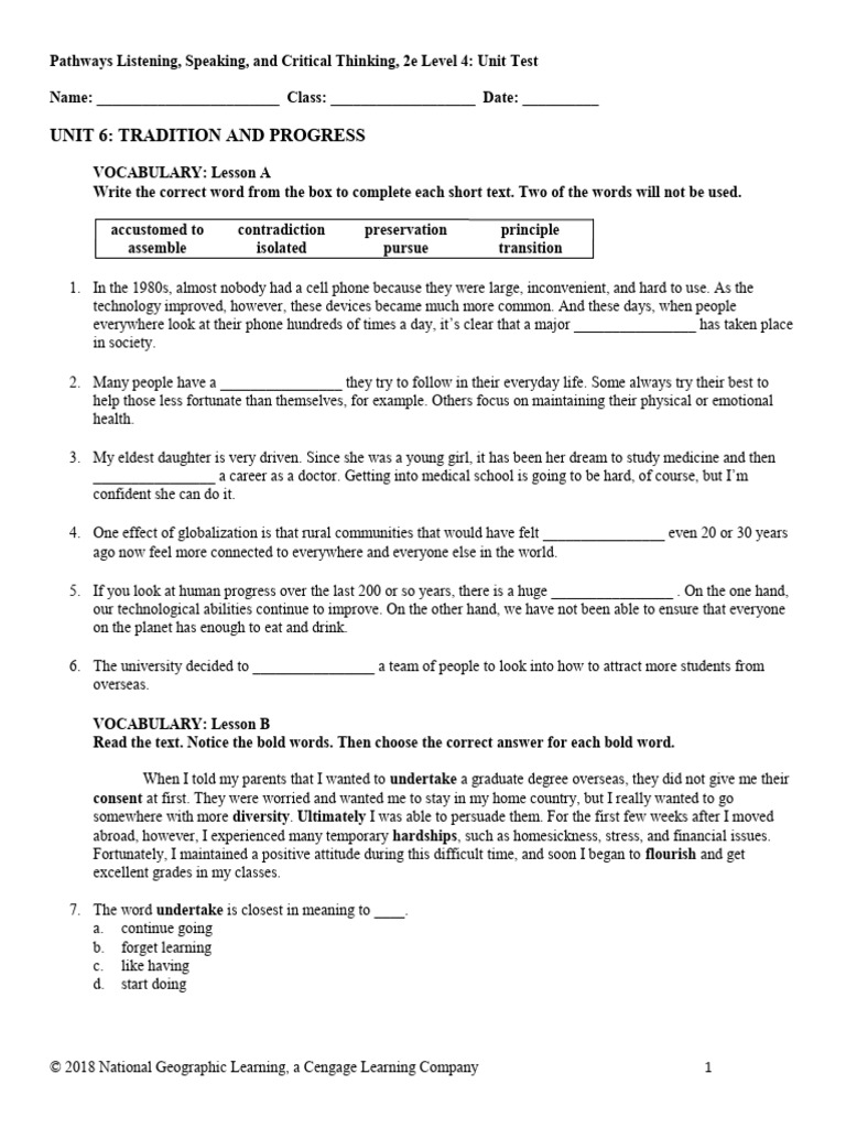 Pathways Ls4 2e U06 Test 0 | PDF | Human Communication