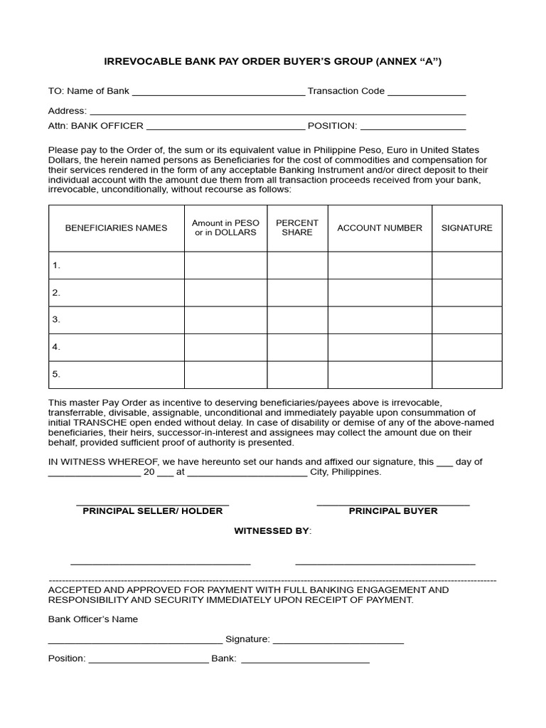 Irrevocable Bank Pay Order Buyer | PDF | Payments | Banks
