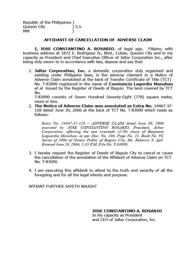 Affidavit to Cancel Adverse Claim | PDF | Affidavit | Evidence