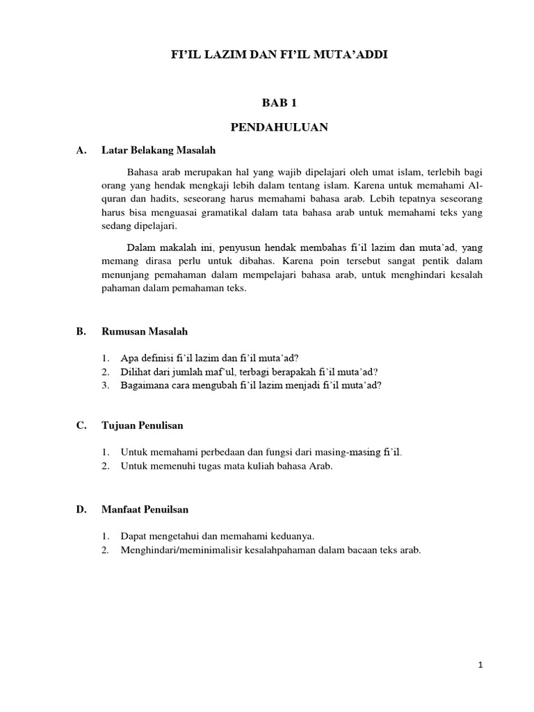 Fiil Lazim Dan Fiil Mutaaddi Bab 1 Penda-1 | PDF | Kajian Bahasa Asing ...