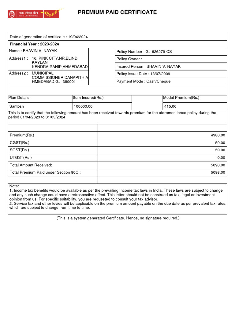 Premium Paid Certificate | PDF