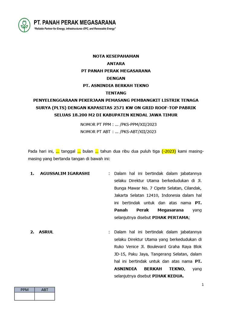 Draft Mou PPM Dan Abt Proyek PLTS Pabrik Kendal 2571 KWP On Grid | PDF | Teknologi & Rekayasa
