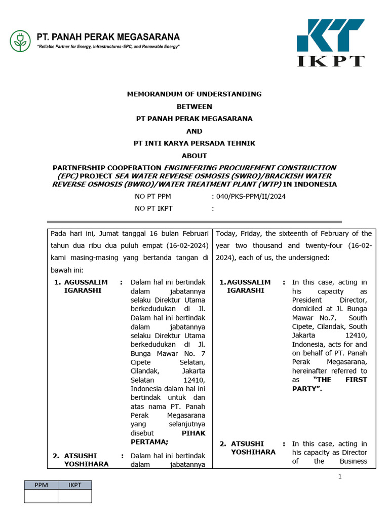 Draft Mou PT PPM Dan PT Ikpt Partner Epc Swro, Bwro, WTP Bilingual | PDF