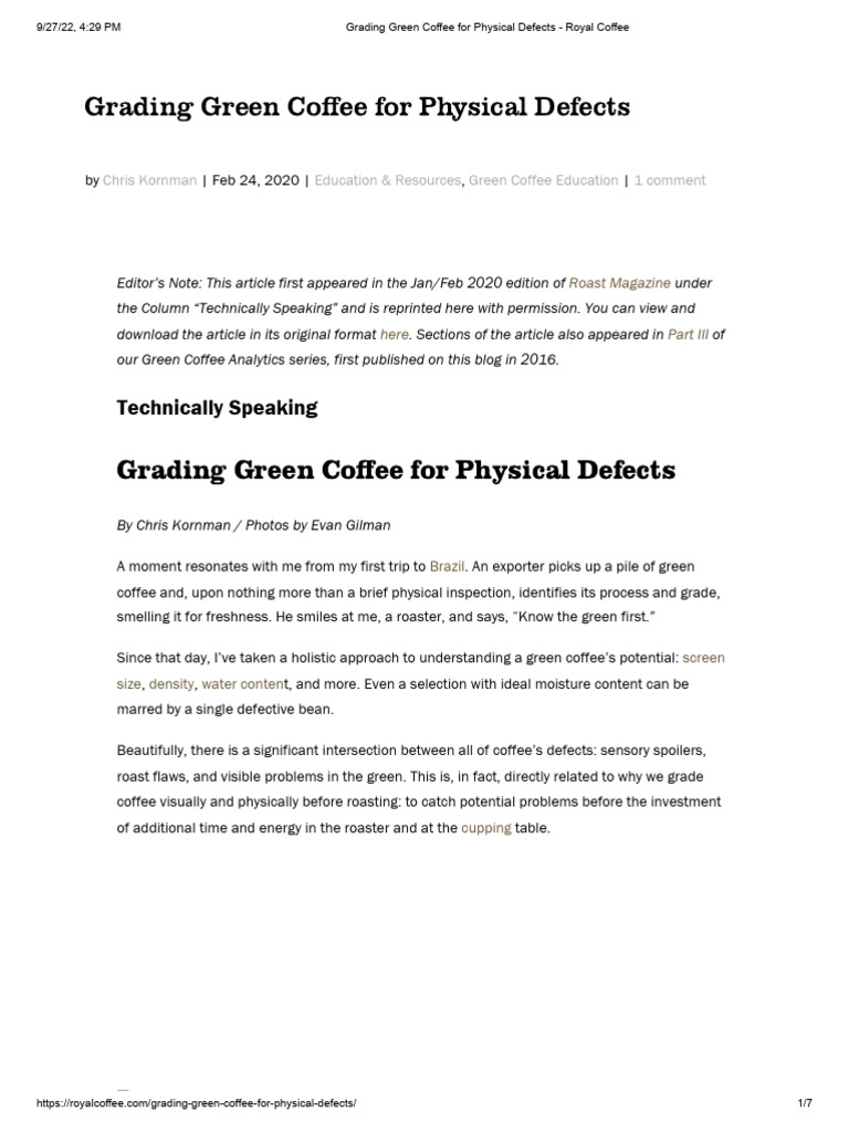 Grading Green Coffee For Physical Defects - Royal Coffee | PDF | Coffee