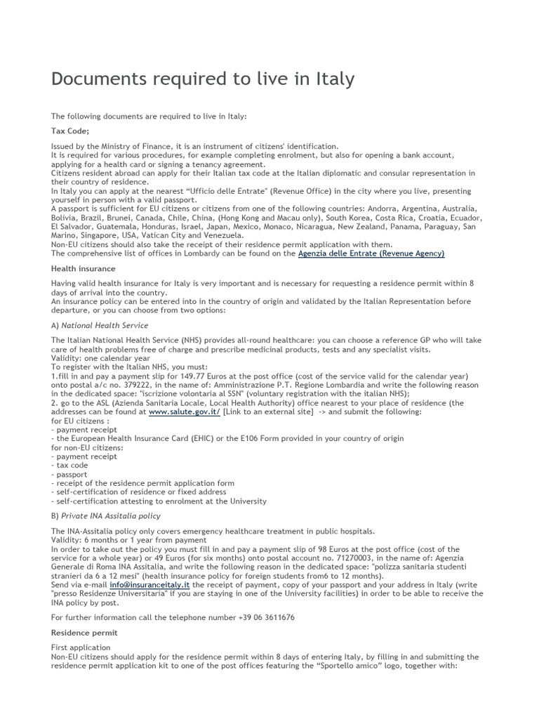 Requirements for Living in Italy | PDF | Identity Document | Passport