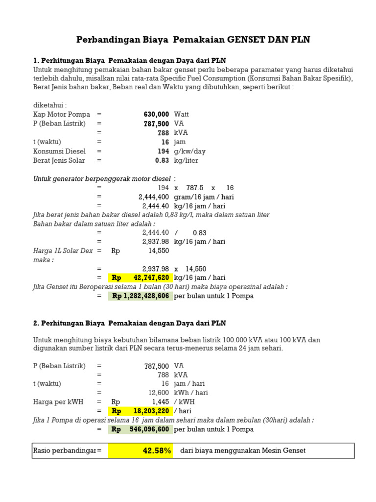 PERHITUNGAN GENSET VS PLN 1 POMPA 630kW | PDF | Teknologi & Rekayasa