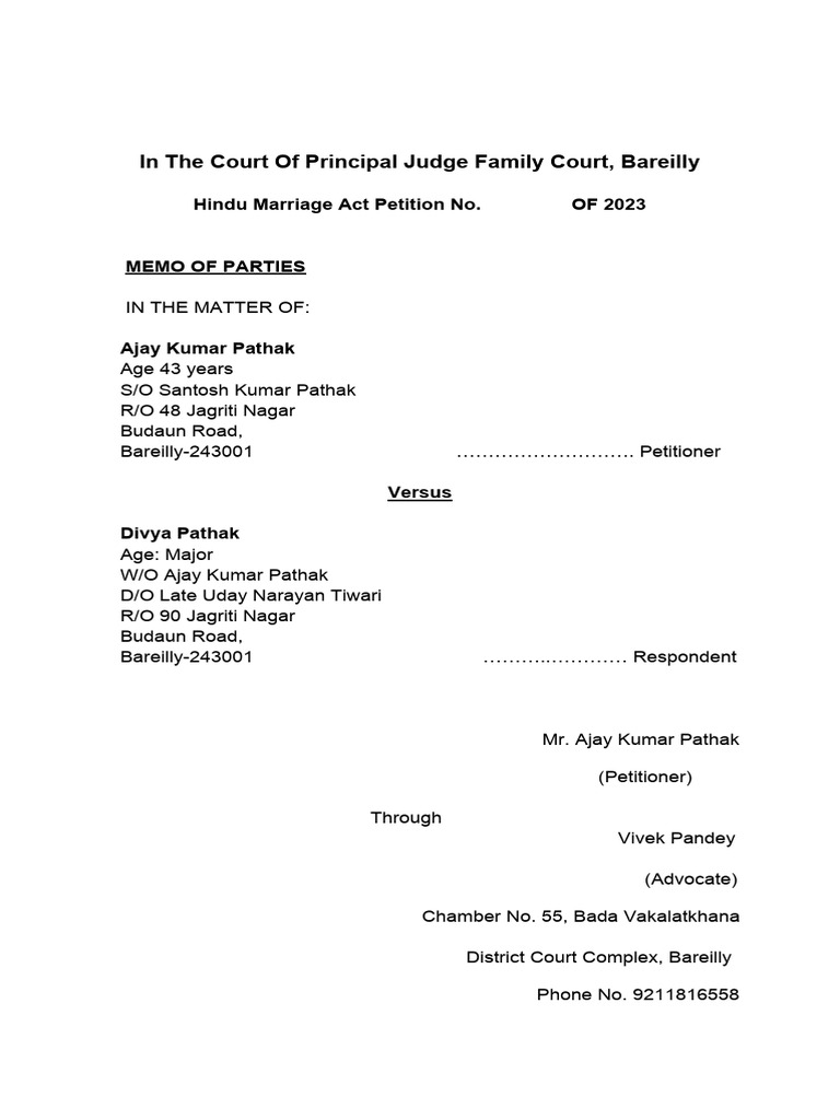 Indian Hindu Marriage Act Divorce Petition Format | Download Free PDF ...