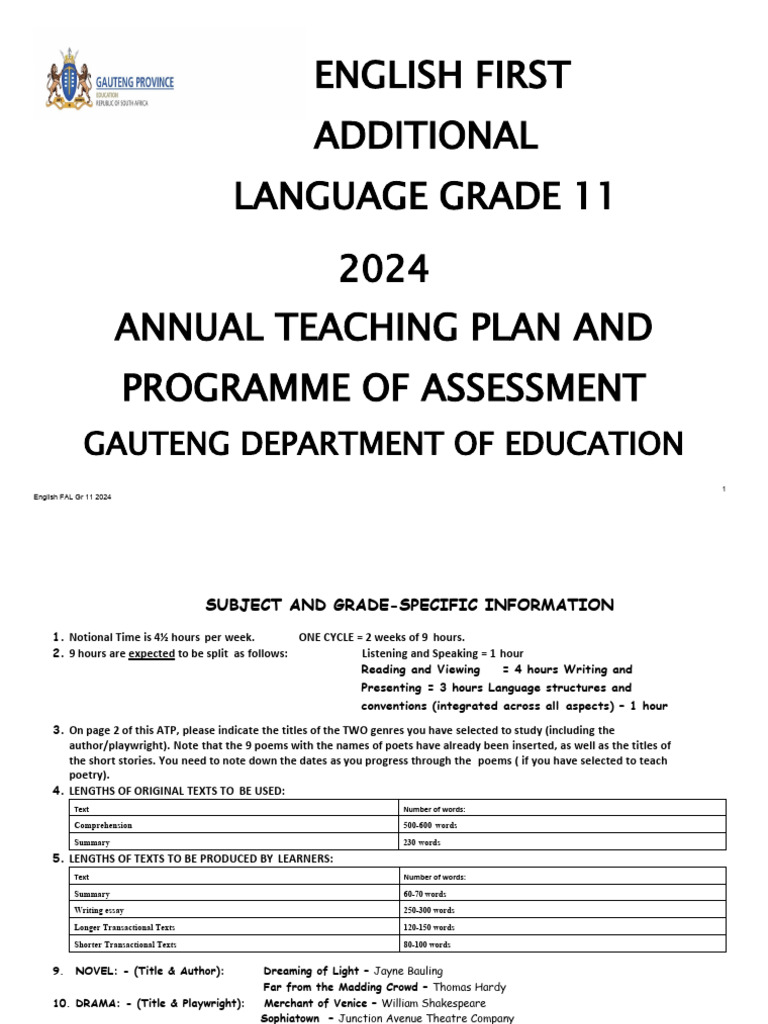 ATP GR 11 Gauteng 2024 | PDF | Reading Comprehension | Poetry