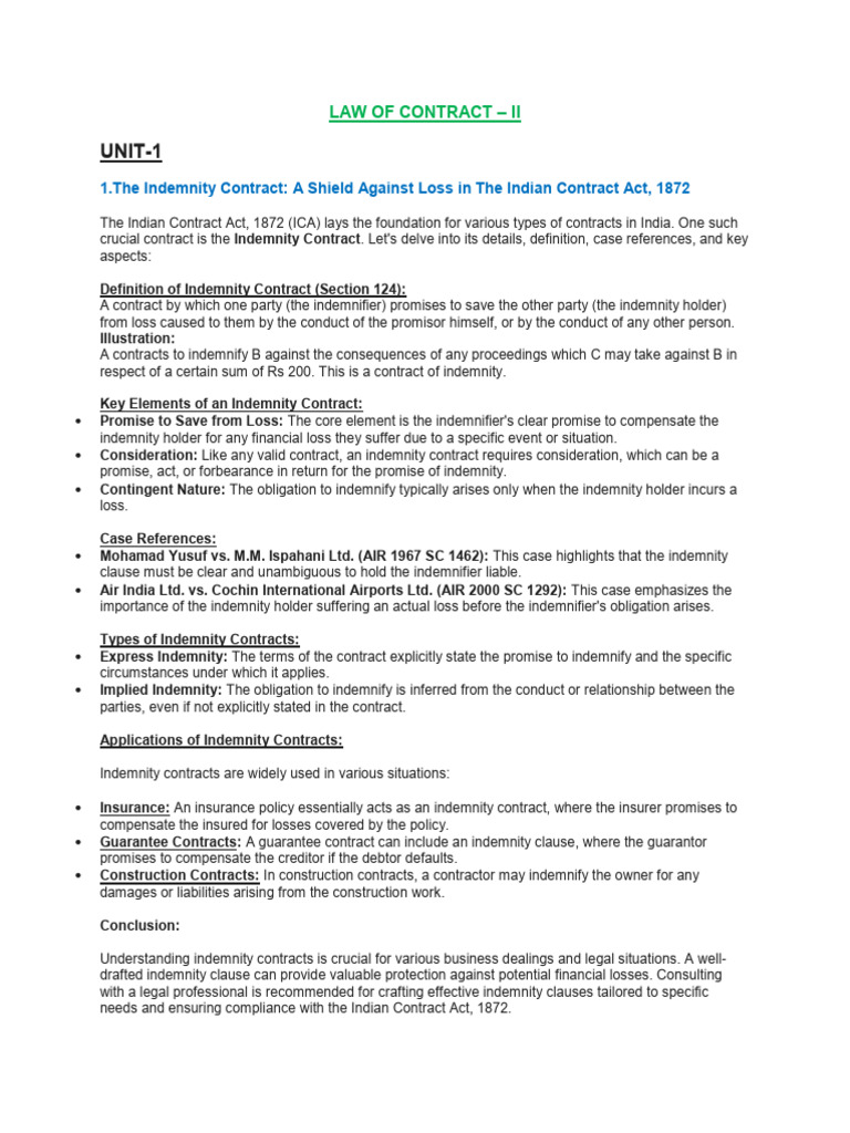 LAW OF CONTRACT-II - Unit-1-2-3 | PDF | Guarantee | Indemnity