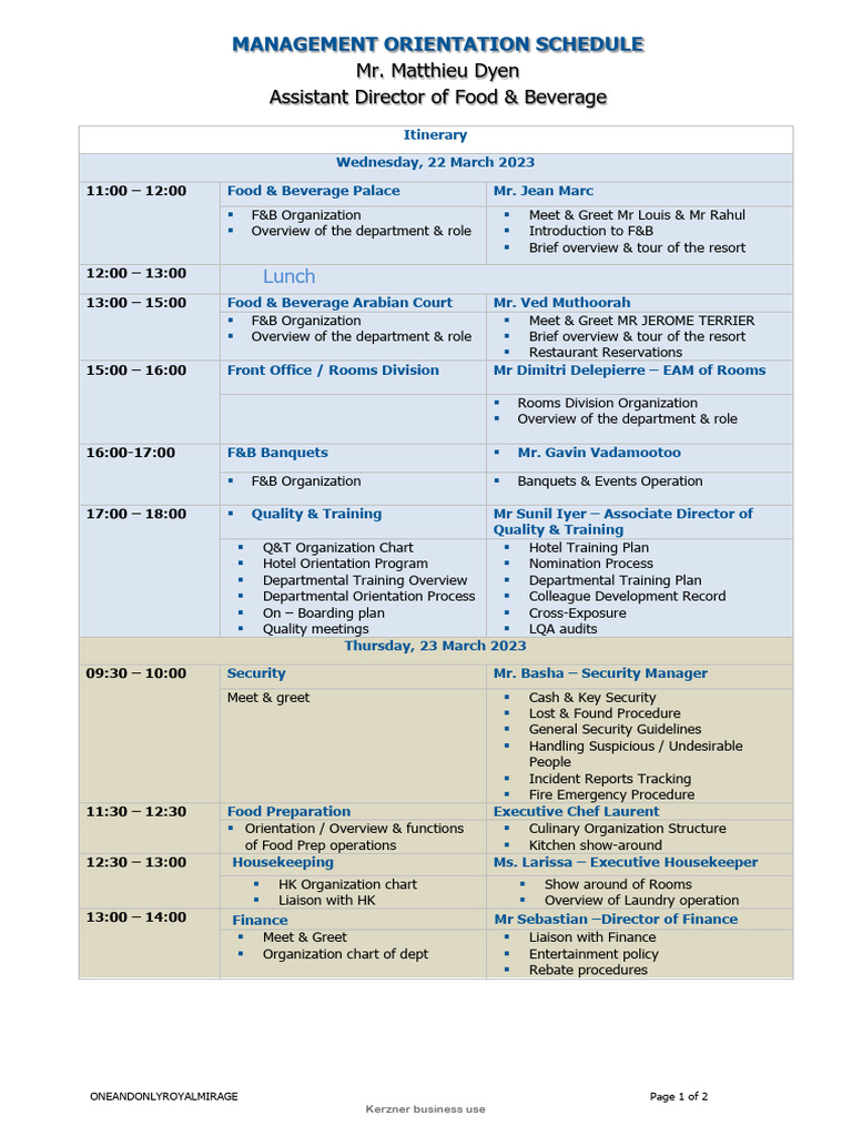 Management Orientation Schedule Overview | PDF | Business