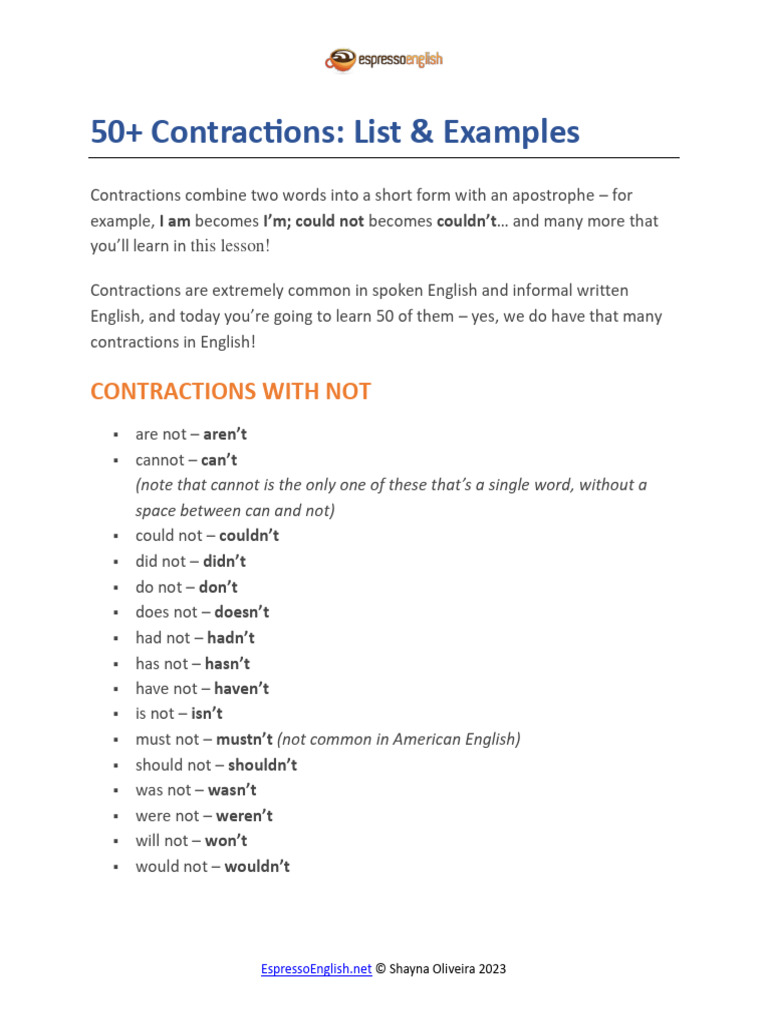 Free-PDF-50-Contractions-List-and-Examples | PDF | Verb | Linguistics