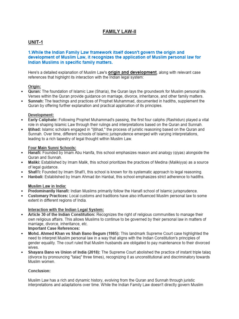 FAMILY LAW - II - Unit-1-2-3 | PDF | Sharia | Marriage