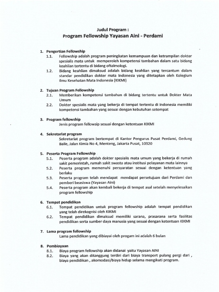 Judul Program Program Fellowship Yayasan Aini Perdami | PDF