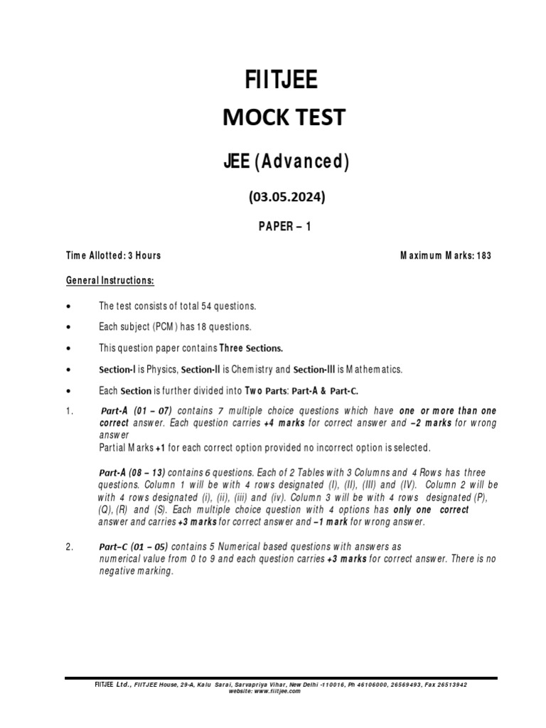Fiitjee Papers | PDF | Force | Multiple Choice