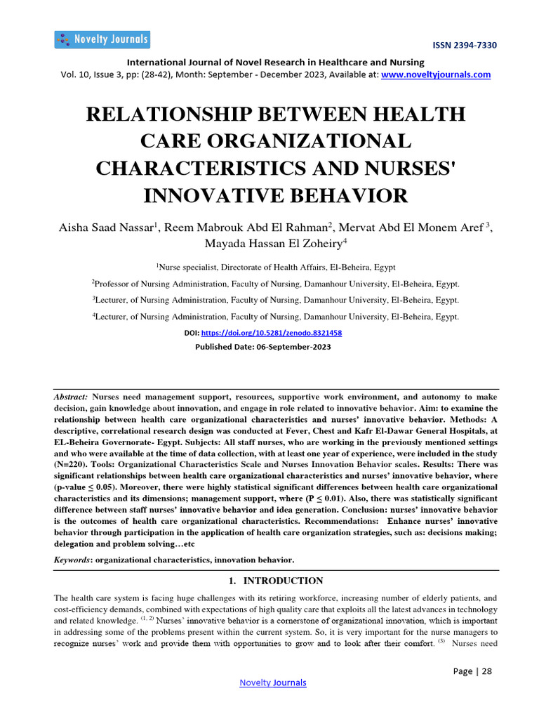 Relationship Between Health Care Organizational Characteristics and Nurses' Innovative Behavior ...