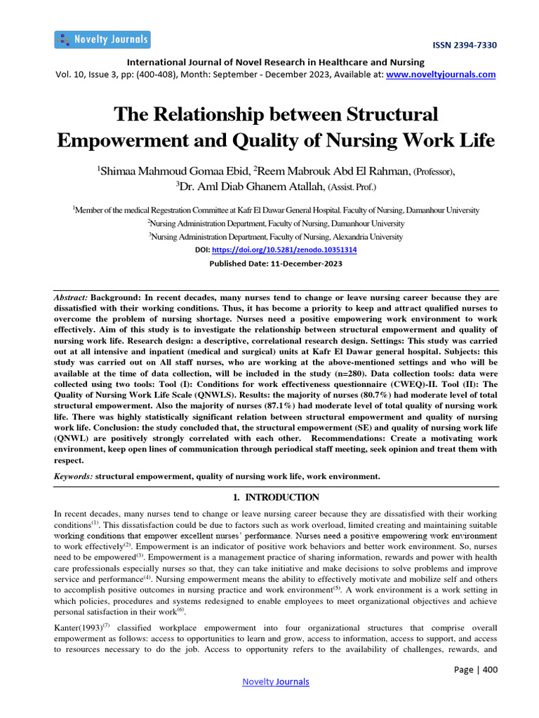 The Relationship Between Structural Empowerment and Quality of Nursing ...