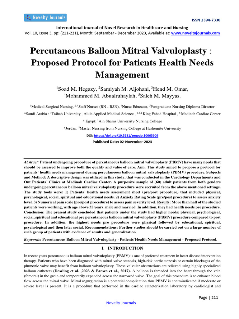 Percutaneous Balloon Mitral Valvuloplasty: Proposed Protocol For ...