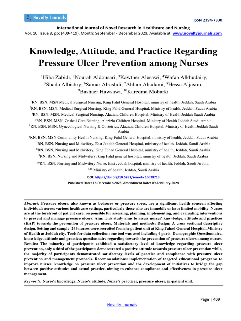Knowledge, Attitude, and Practice Regarding Pressure Ulcer Prevention Among Nurses | Download ...