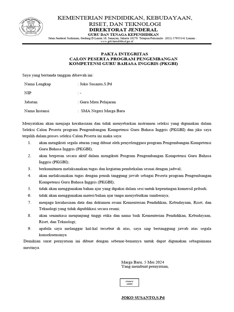 Pakta Integritas Pdf